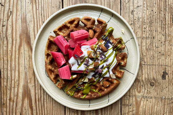 Banana, Hemp & Pulse Waffles with Roasted Rhubarb - Hodmedod's Wholefoods